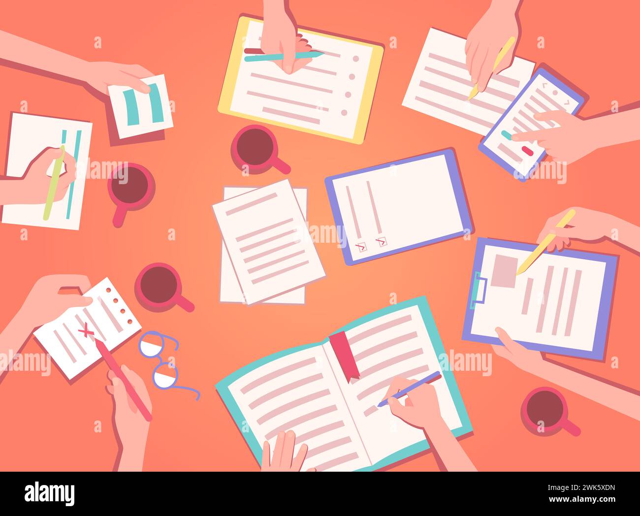 Team working. Business table top view with hands and paper education ...