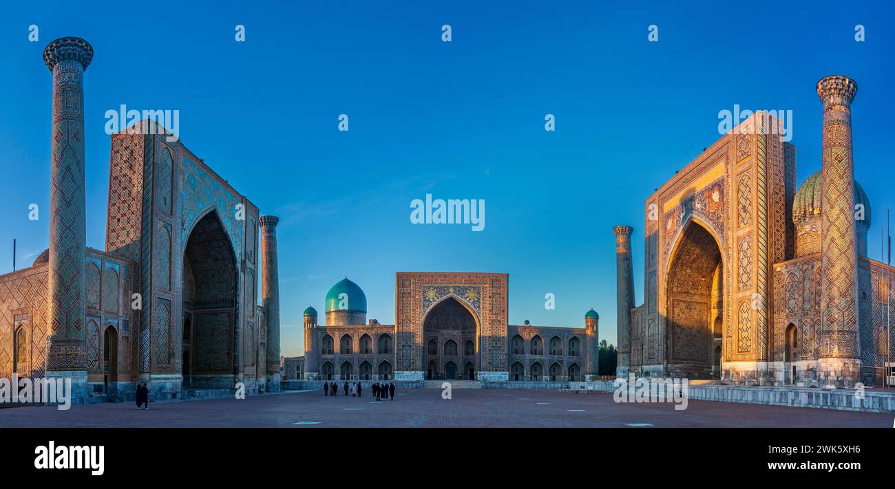 Canonical view of the Registan Square at sunset, Samarkand Stock Photo ...