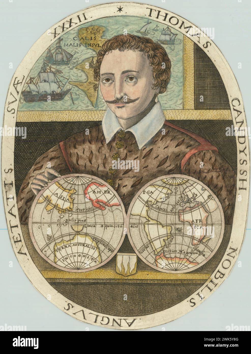 Portrait of Thomas Cavendish with double hemisphere world map ...