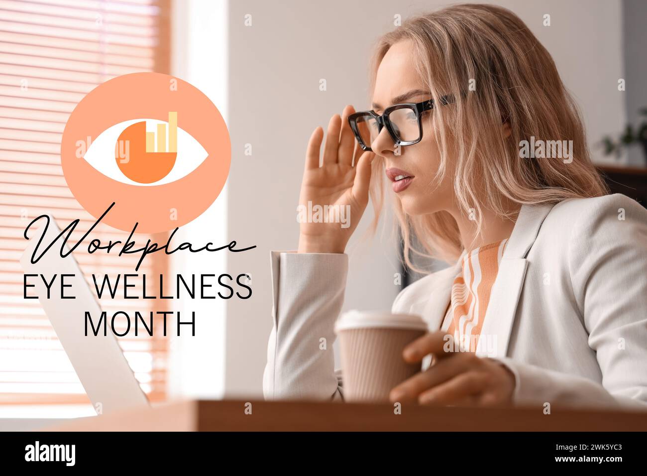 Banner for Workplace Eye Wellness Month with young businesswoman in ...