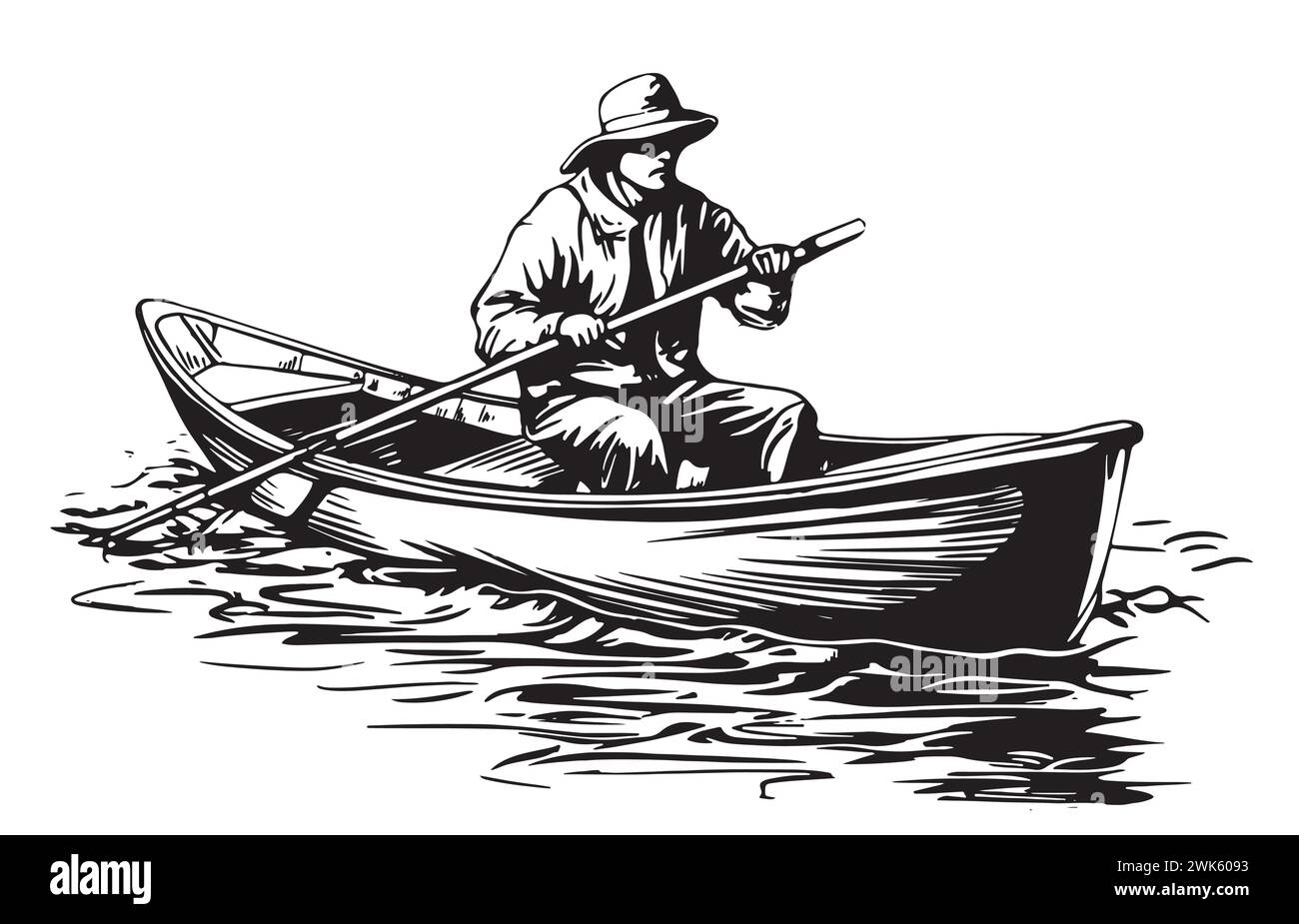 A fisherman with a fishing rod in the boat. Waves and Reflection ...