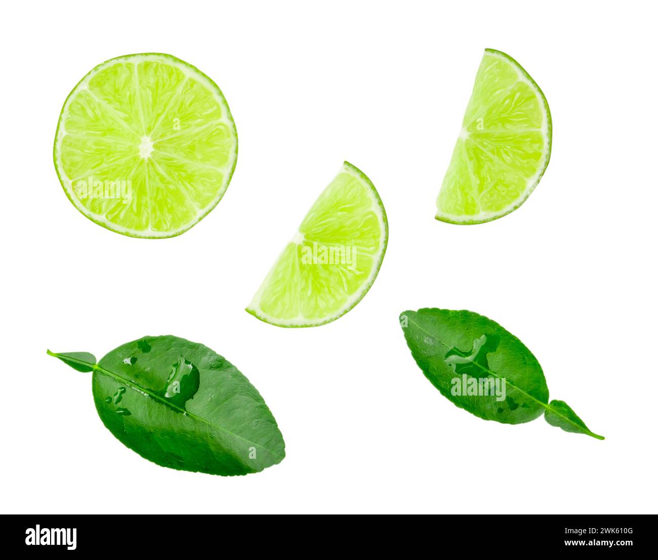 Top view set of green lemon half with slices and leaves is isolated on ...