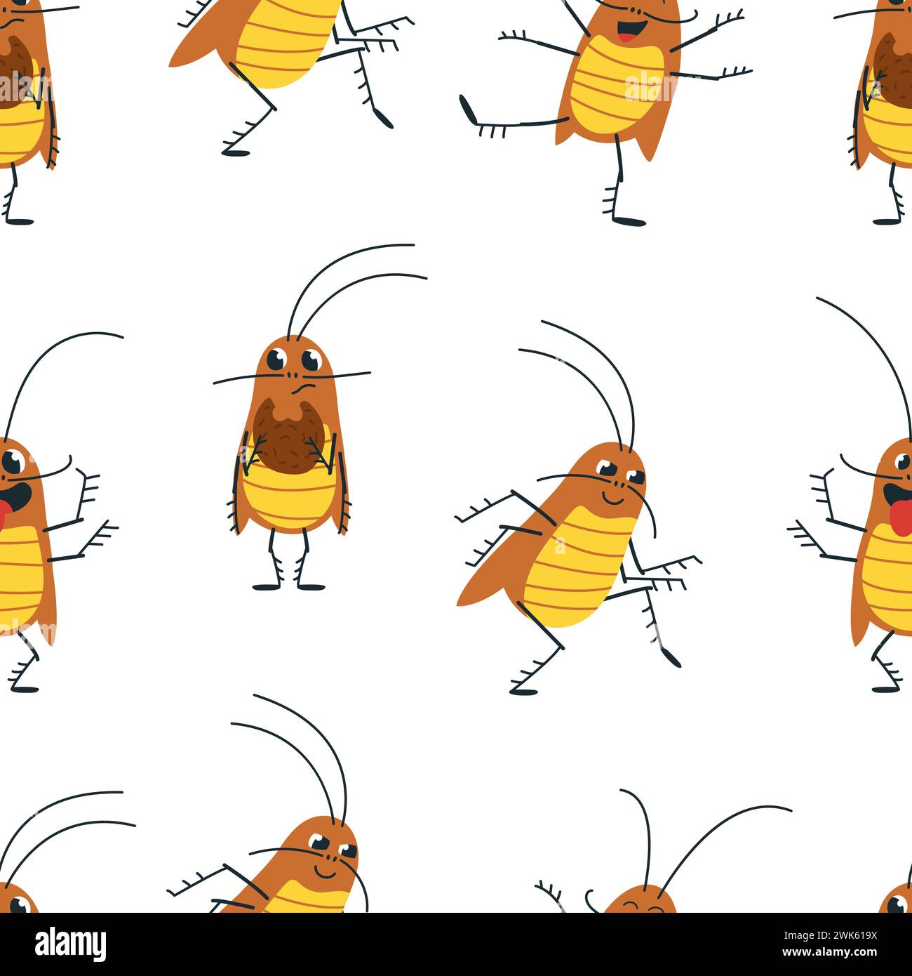 Cartoon cockroach seamless pattern. Cockroaches with different emotions ...