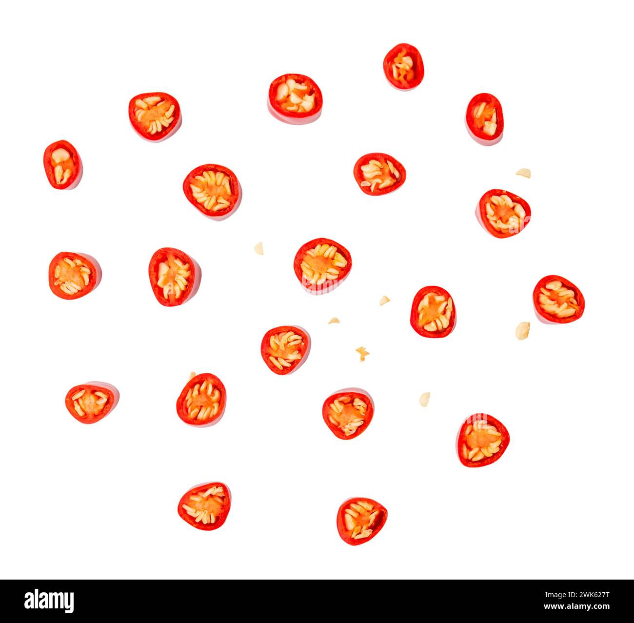 Top view set of red chili slices or pieces is isolated on white ...