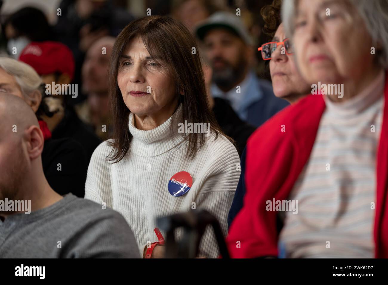 NEW YORK, NEW YORK - FEBRUARY 18: A woman wearing a Kennedy '24 pin ...