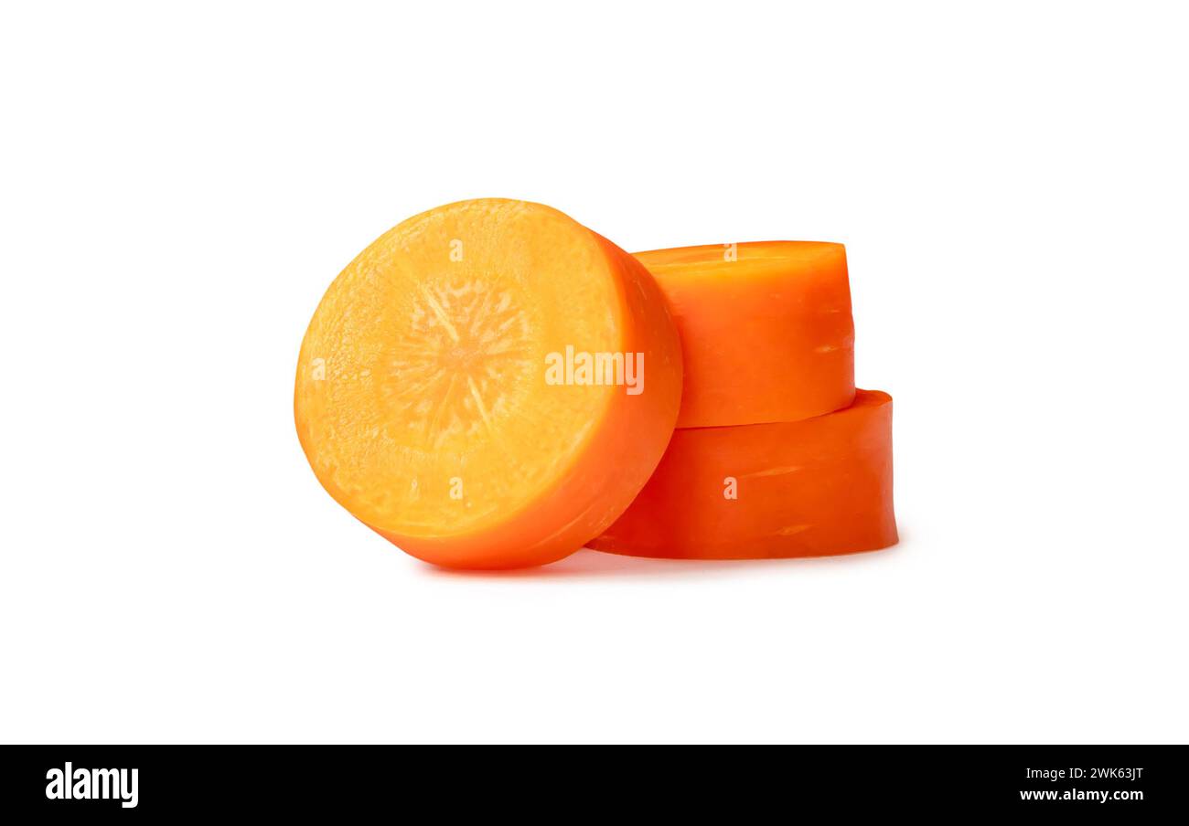 Front view of beautiful orange carrot slices in stack is isolated on ...