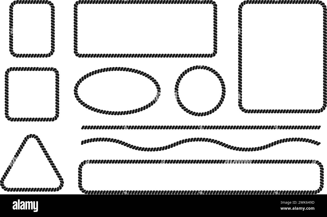 Set of rope or cord frames and borders. Rectangle, circle, oval, square ...