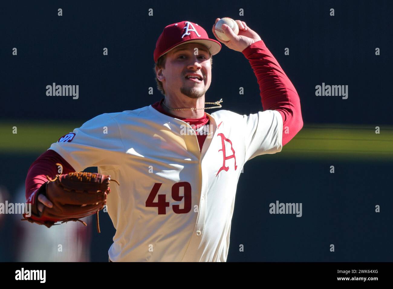 February 18, 2024: Razorback relief pitcher Stone Hewlett #49 prepares ...