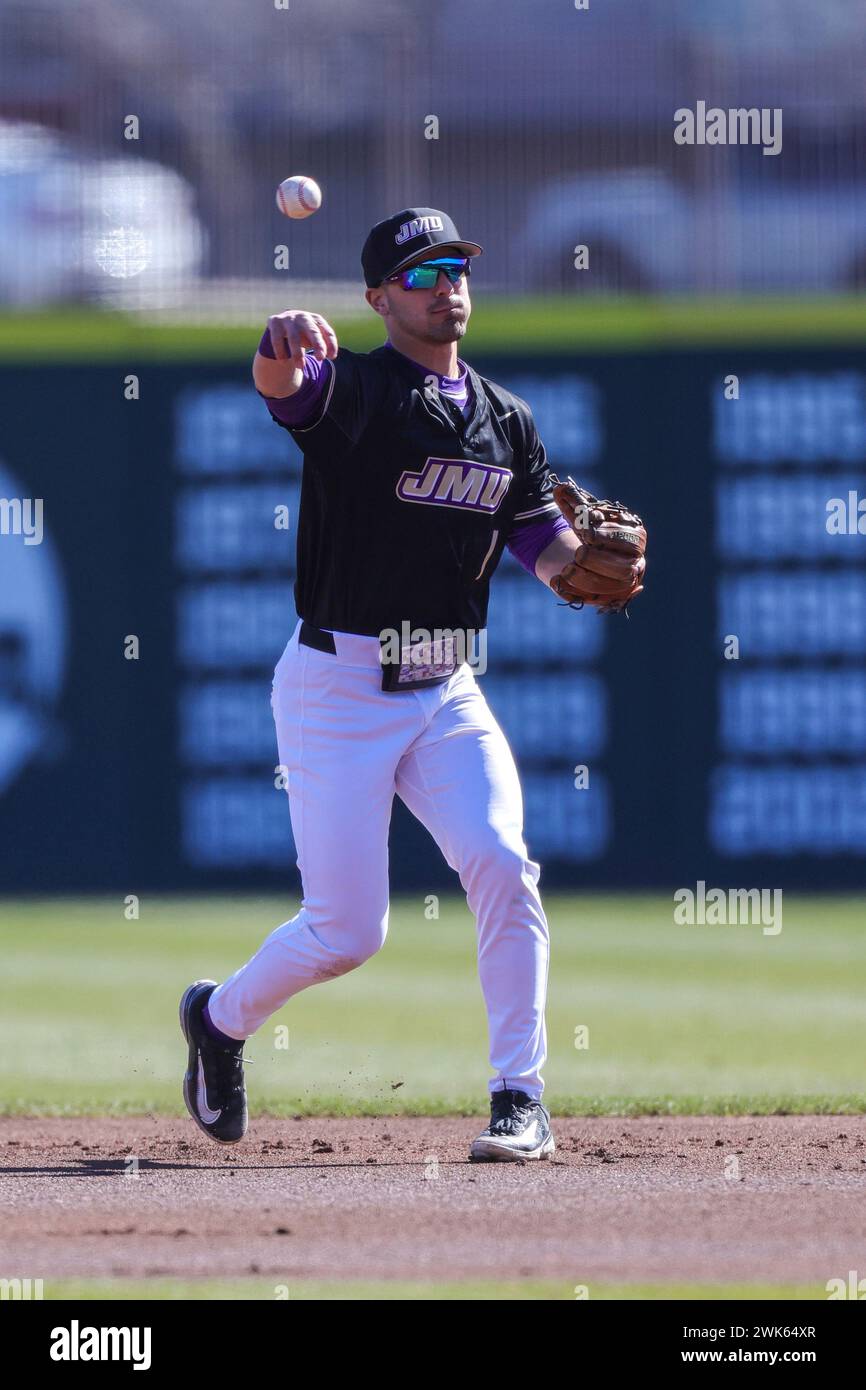 February 18, 2024: Mike Mancini #1 JMU second baseman makes a throw ...