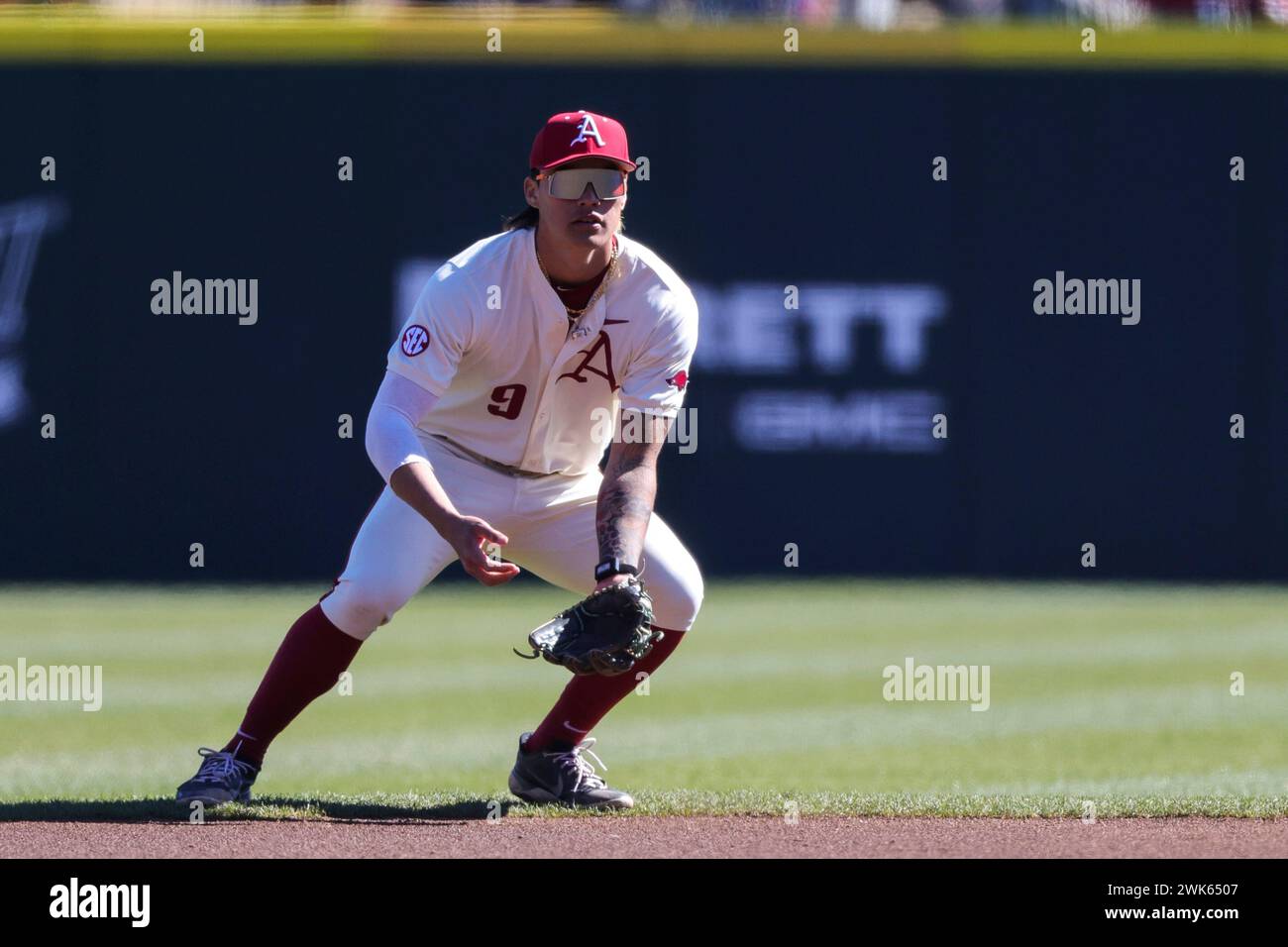 February 18, 2024: Razorback short stop Wehiwa Aloy #9 readies himself ...