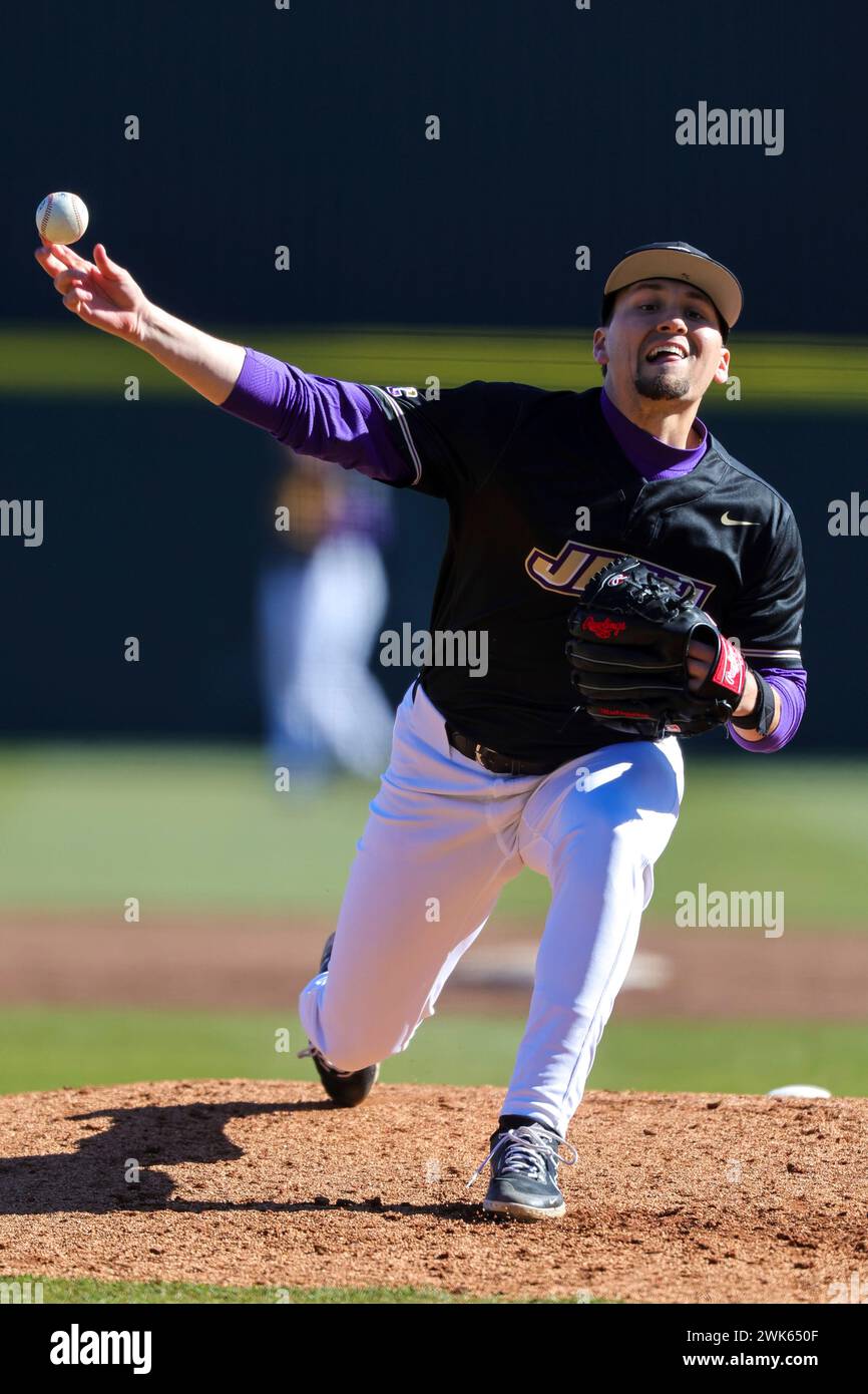 February 18, 2024: JMU pitcher Joe Vogatsky #36 releases a ball from ...