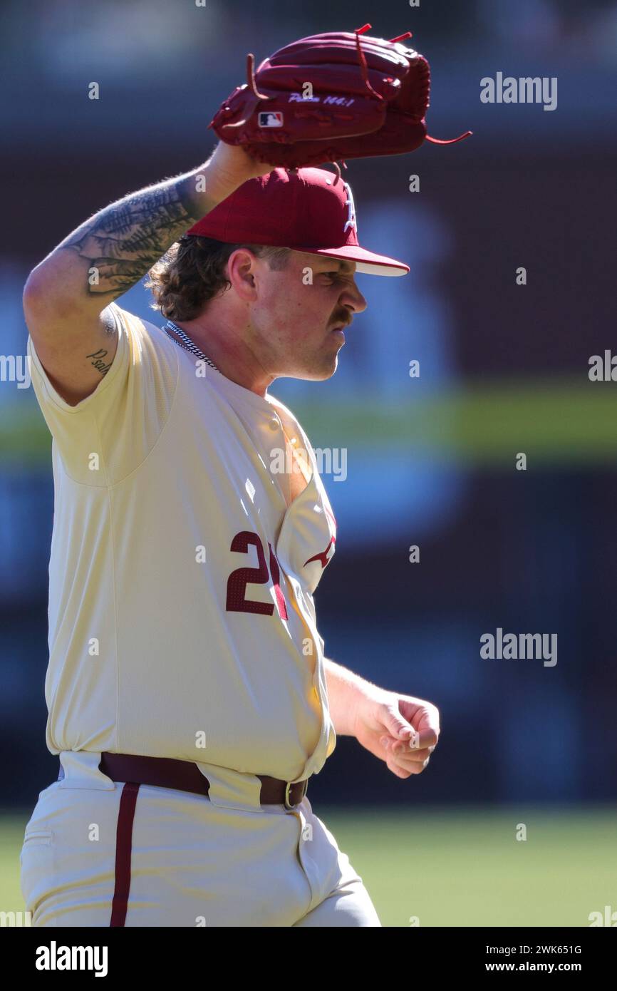 February 18, 2024: Mason Molina #21 Arkansas pitcher shows some emotion ...