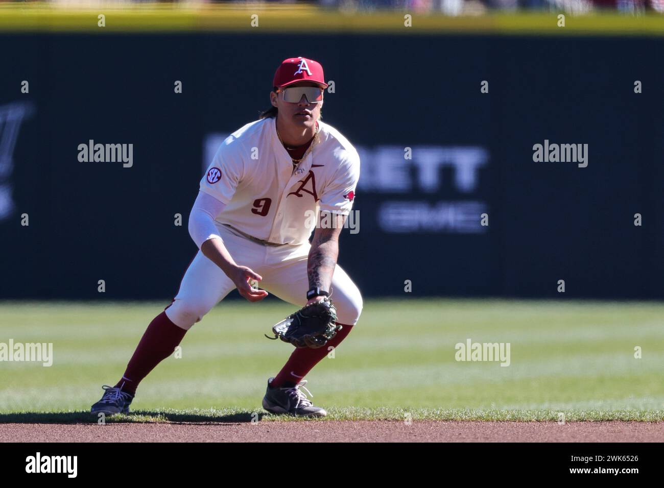 February 18, 2024: Razorback short stop Wehiwa Aloy #9 readies himself ...