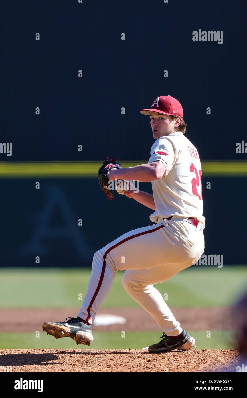 February 18, 2024: Gabe Gaeckle #20 of Arkansas works from the mound ...