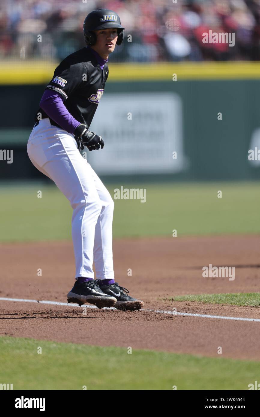 February 18, 2024: Fenwick Trimble #13 of JMU works to stretch out his ...