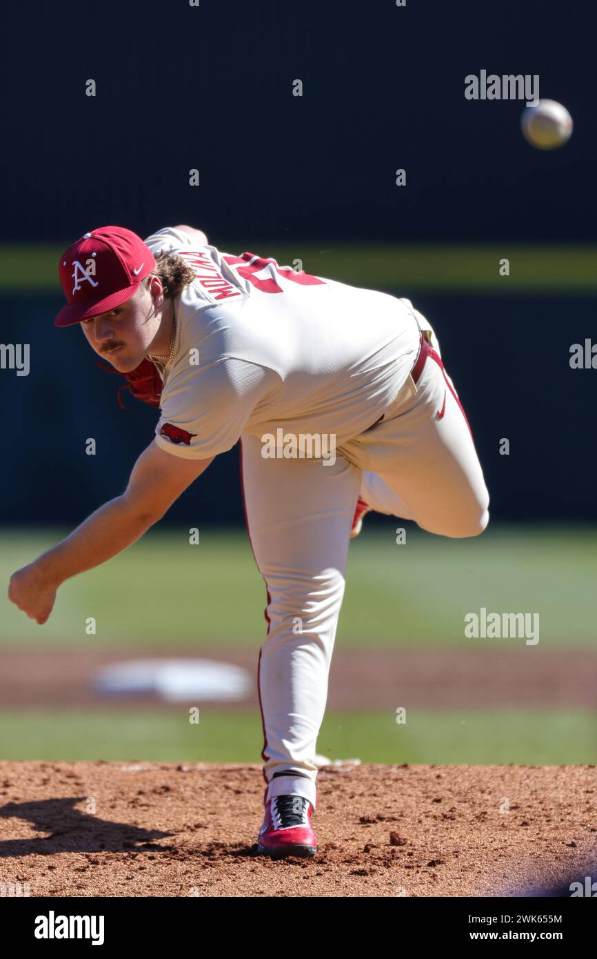 February 18, 2024: Razorback pitcher Mason Molina #21 eyes the ball as ...