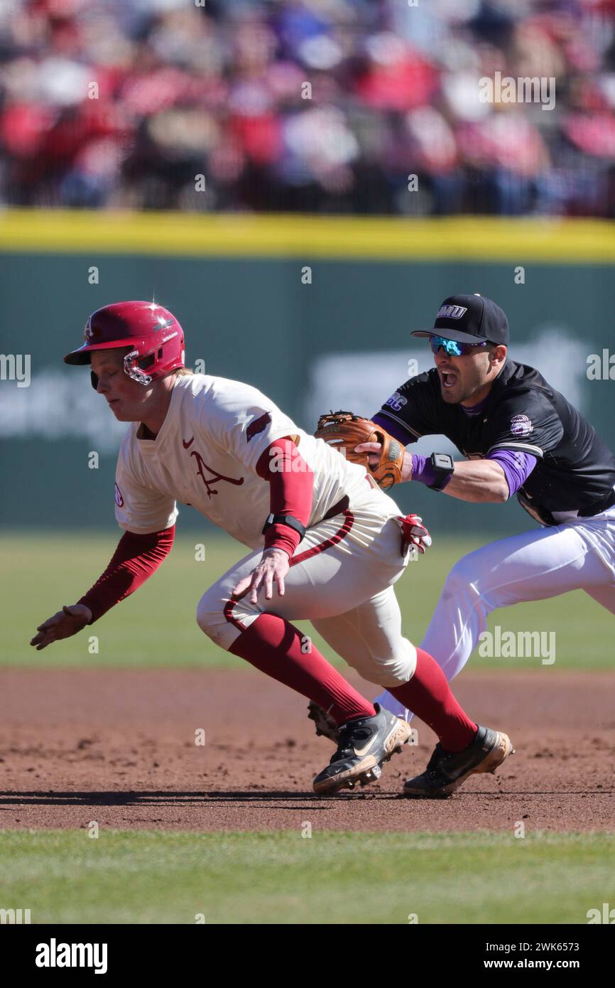 February 18, 2024: Arkansas base runner Hudson White #8 is chased down ...