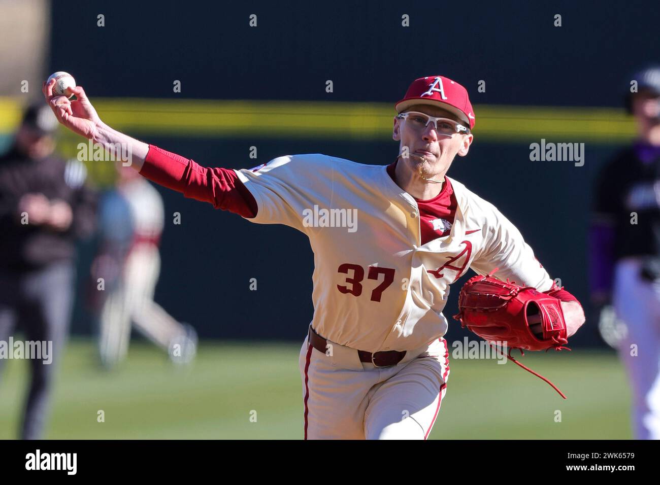 February 18, 2024: Jake Faherty #37 Arkansas pitcher works from the ...