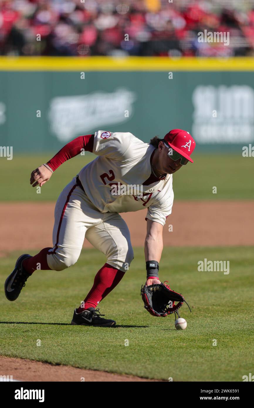 February 18, 2024: Peyton Holt #24 Arkansas third baseman comes up to ...