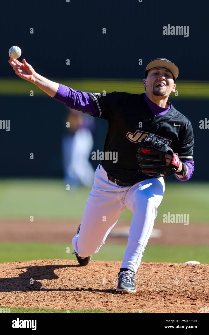 February 18, 2024: JMU pitcher Joe Vogatsky #36 releases a ball from ...