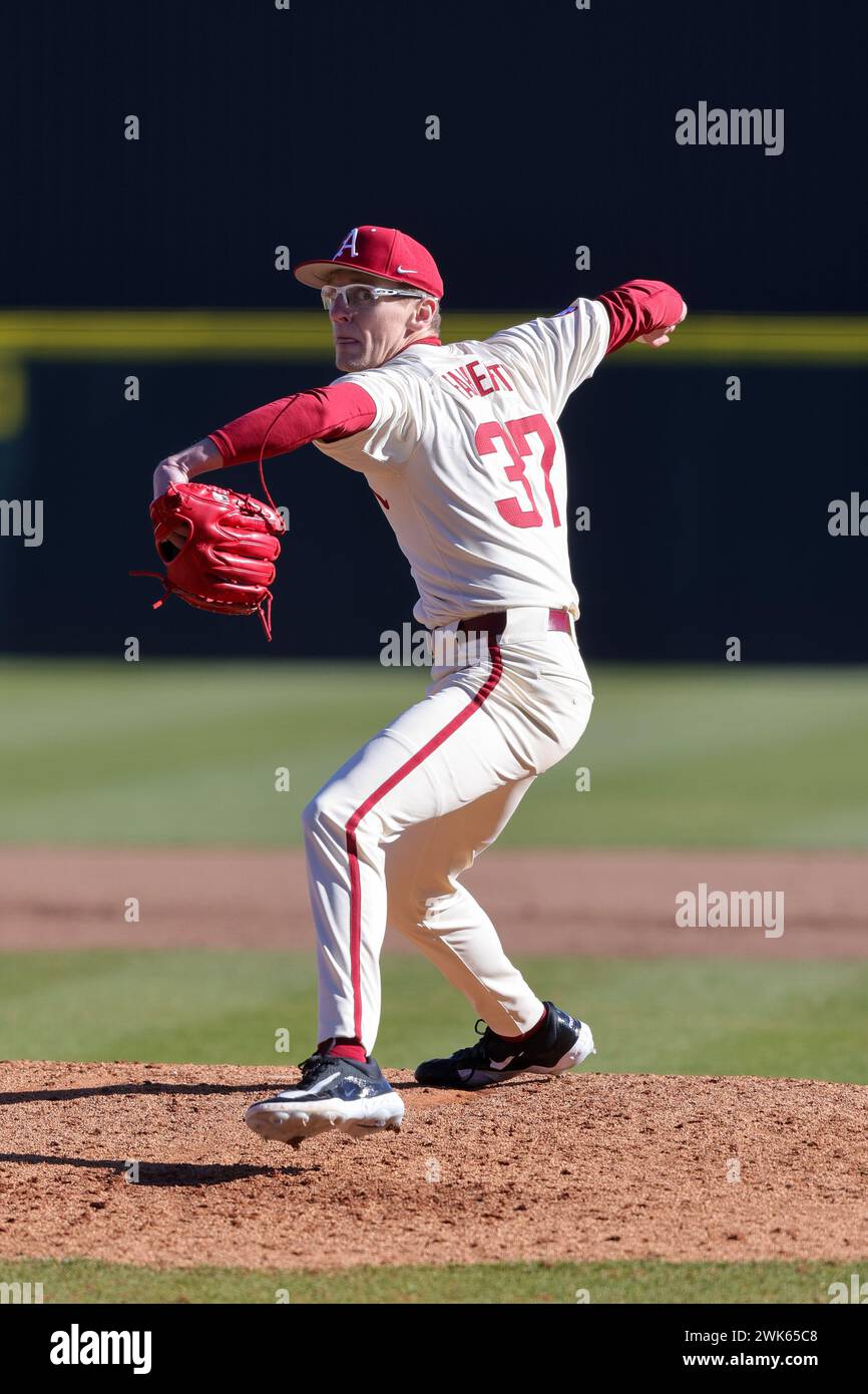 February 18, 2024: Razorback pitcher Jake Faherty #37 prepares to ...