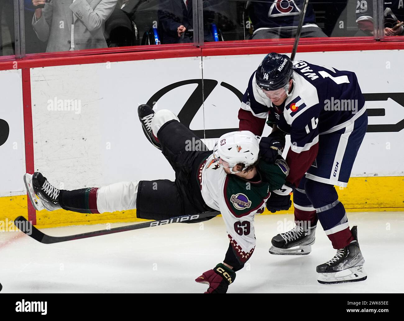 Arizona Coyotes left wing Matias Maccelli, left, is upended by Colorado ...