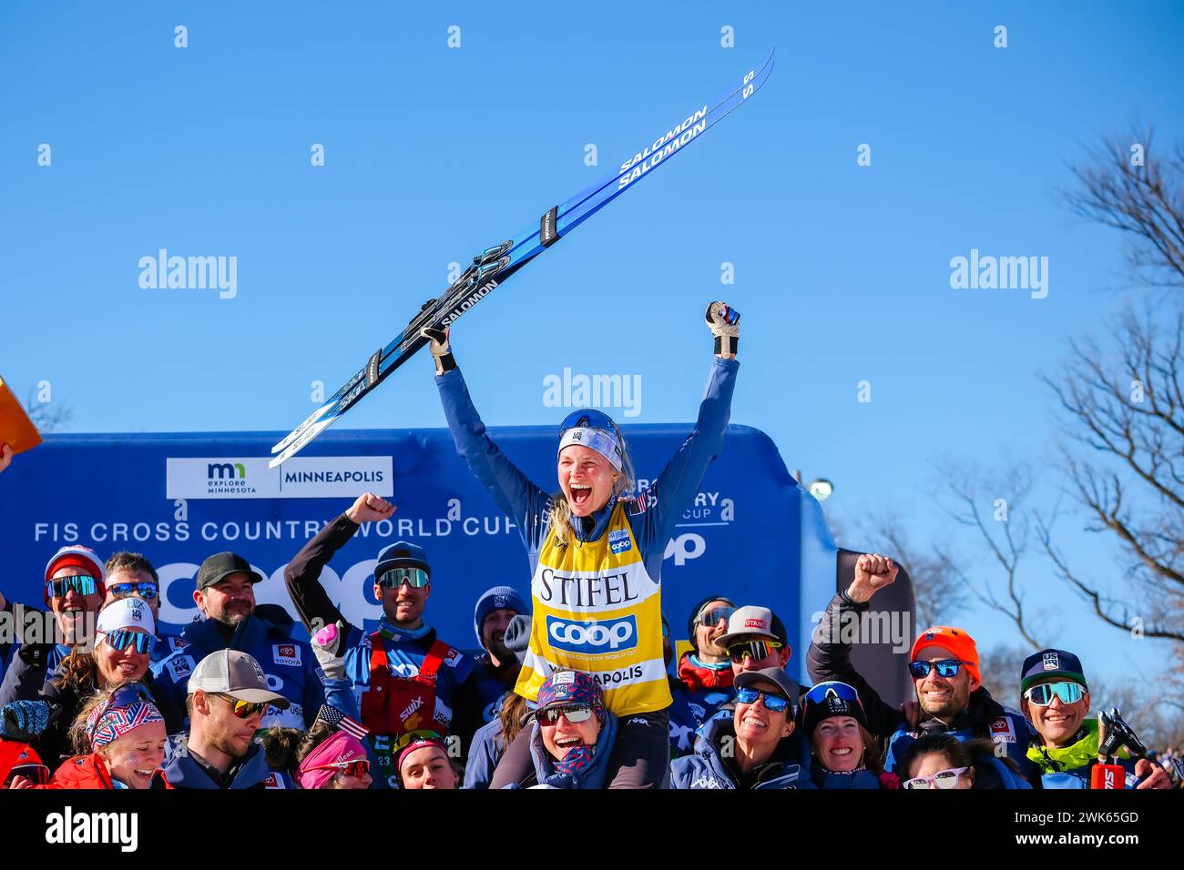 Minneapolis, Minnesota, USA. 18th Feb, 2024. JESSIE DIGGINS celebrates ...