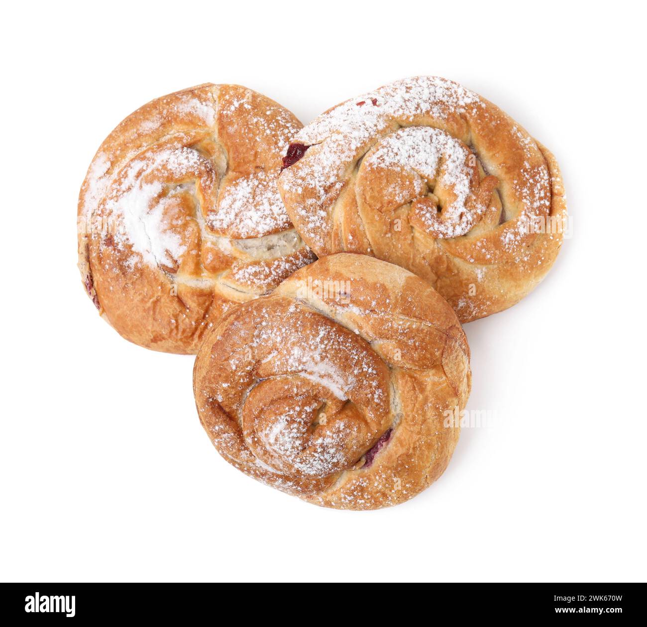 Delicious rolls with jam and powdered sugar isolated on white, top view ...