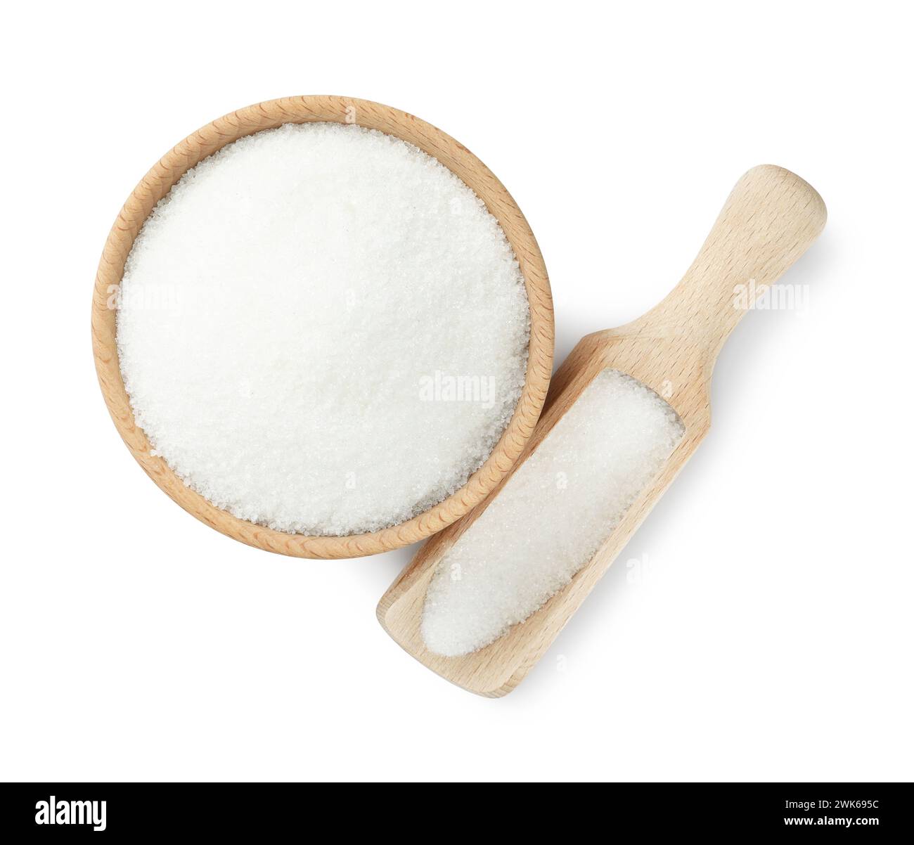 Granulated sugar in bowl and scoop isolated on white, top view Stock ...