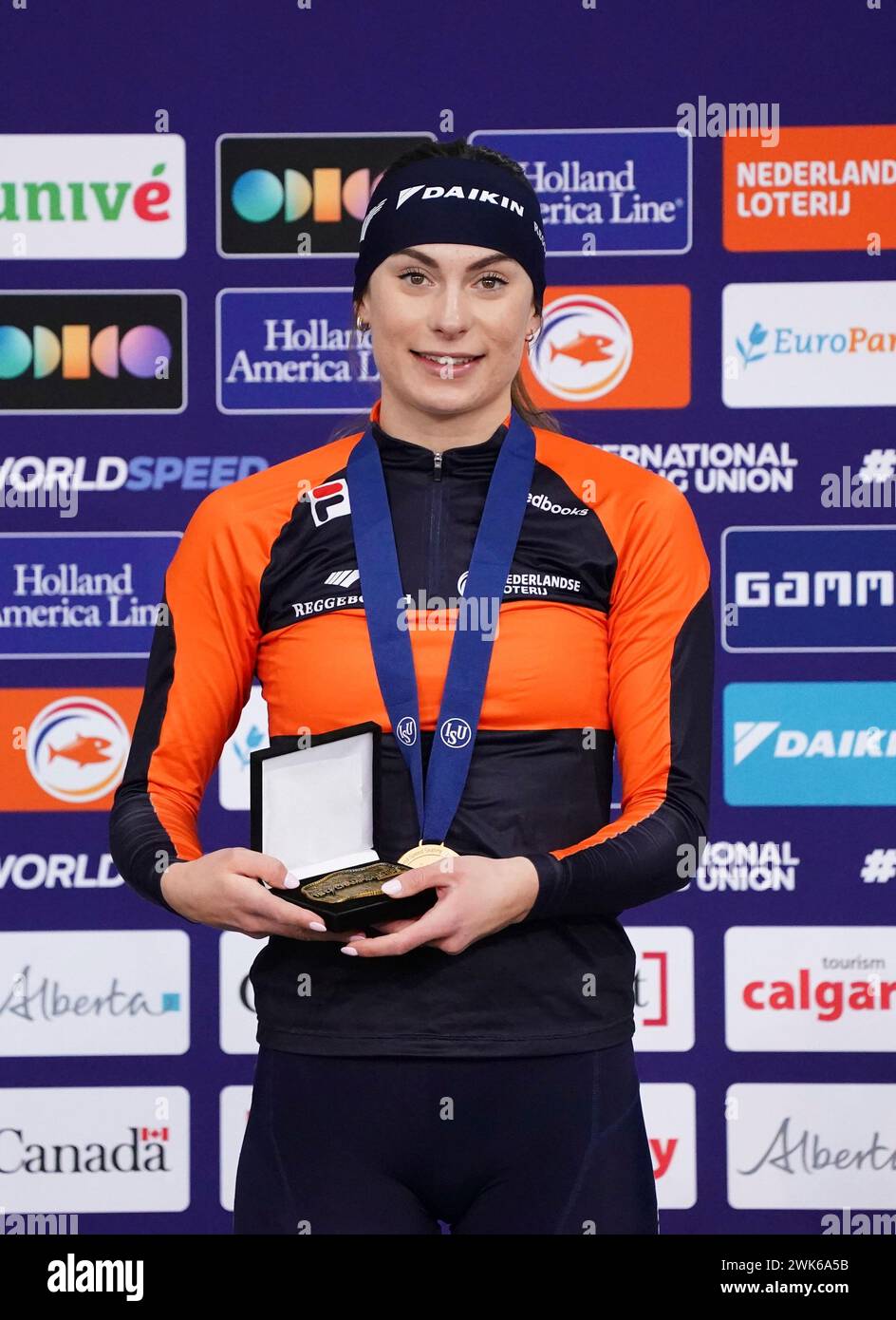 ceremony 500m women L-R Min-Sum Kim (KOR), Femke Kok (NED), and Kimi ...