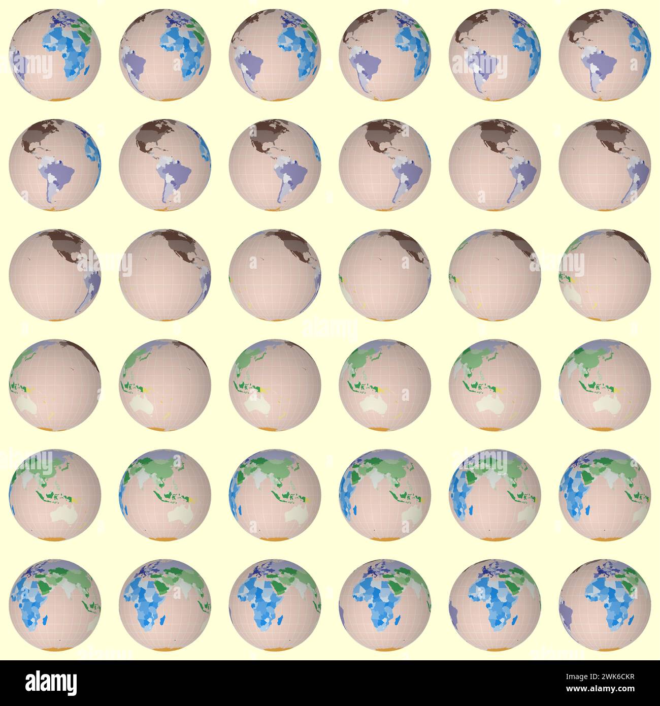 Collection of planet globes. Normal sphere view. Rotation step 10 degrees. Colored countries ...