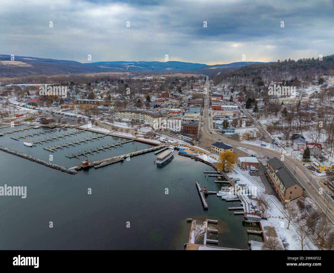 Winter afternoon aerial images of Watkins Glen, NY, south end of Seneca ...
