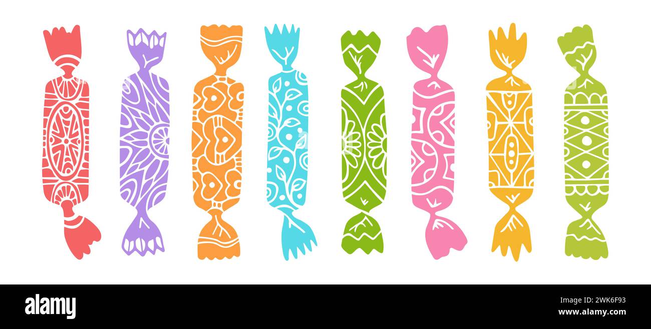 Wrapped hand drawn candy with ornament. Caramel bonbon lollipop ...