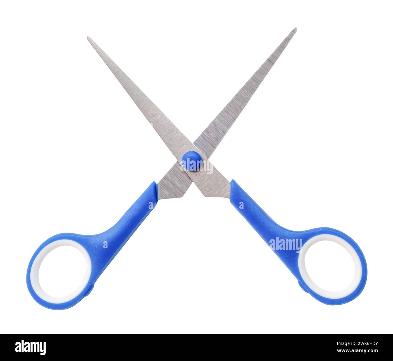 Top view of small multipurpose scissors with blue handle is isolated on ...