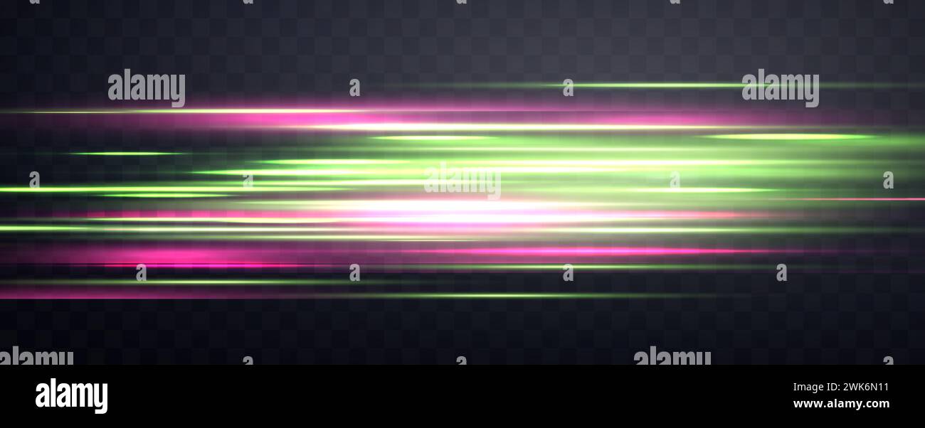 Speed rays, velocity light neon flow, zoom in motion effect, green and ...