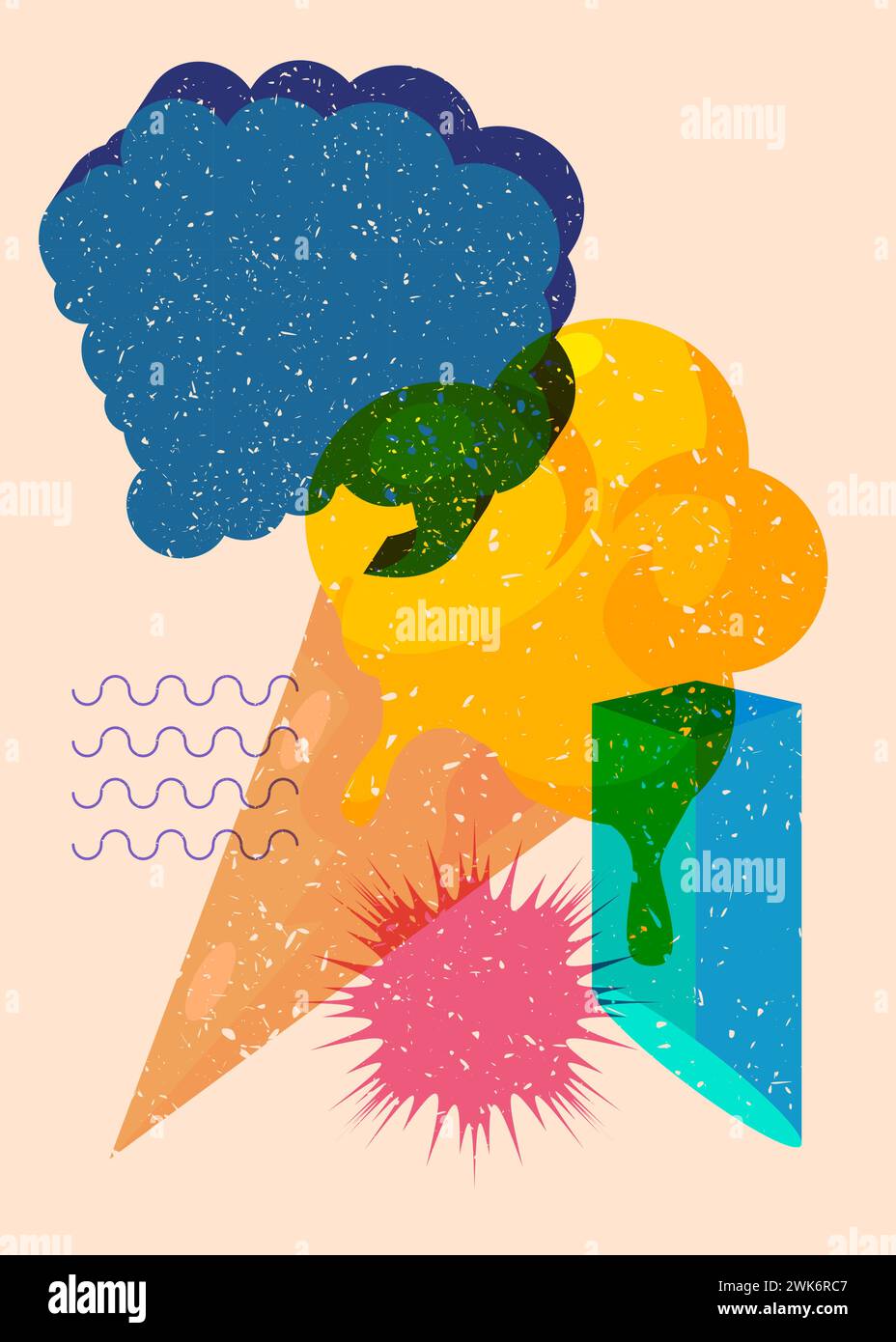 Risograph Ice Cream with speech bubble with geometric shapes. Objects ...