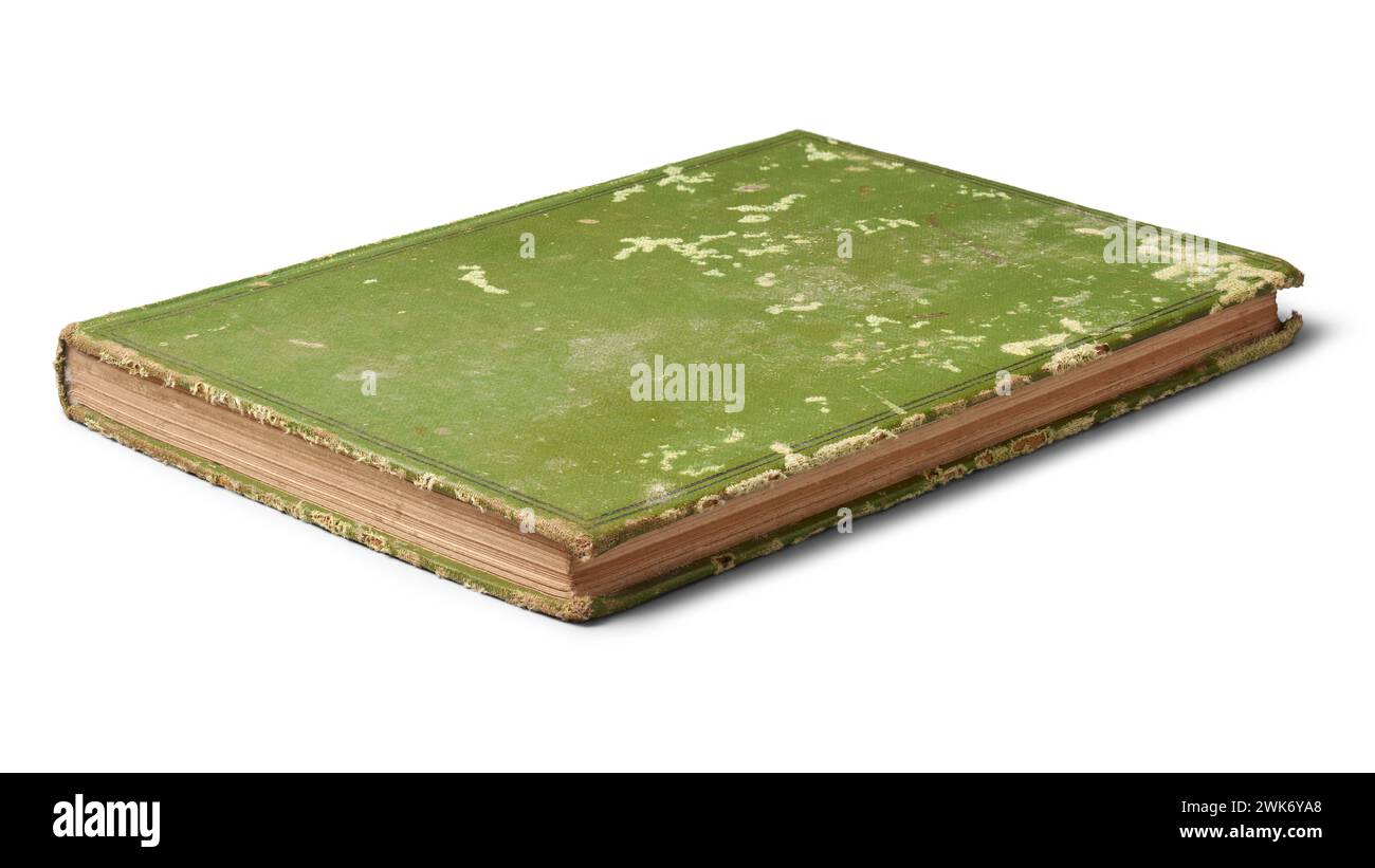 old used book with torn and worn green cover isolated on white ...
