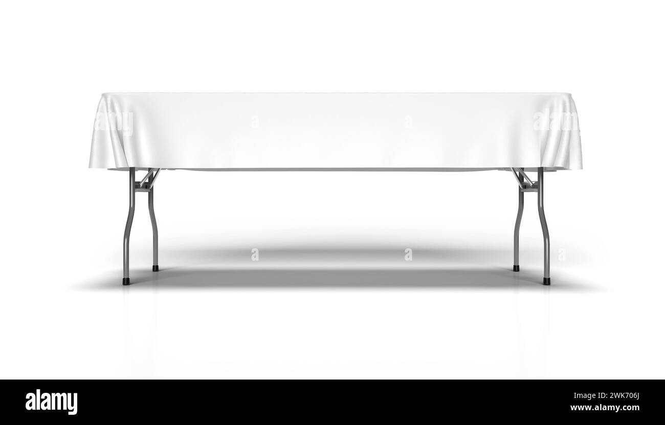 Clean white exhibition tablecloth, half drop, draped over an exhibition ...