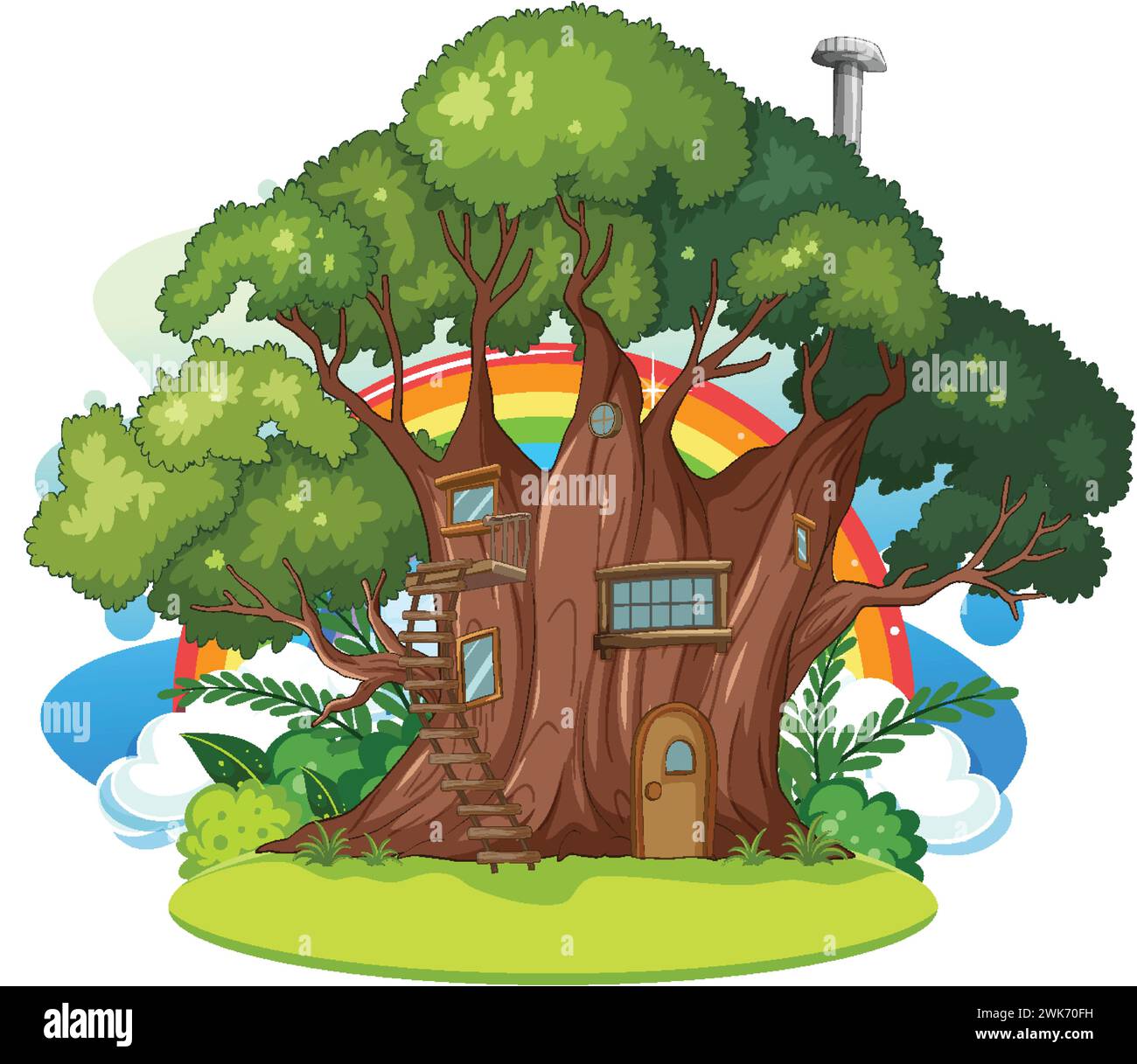 Colorful treehouse with a rainbow and lush greenery Stock Vector Image ...