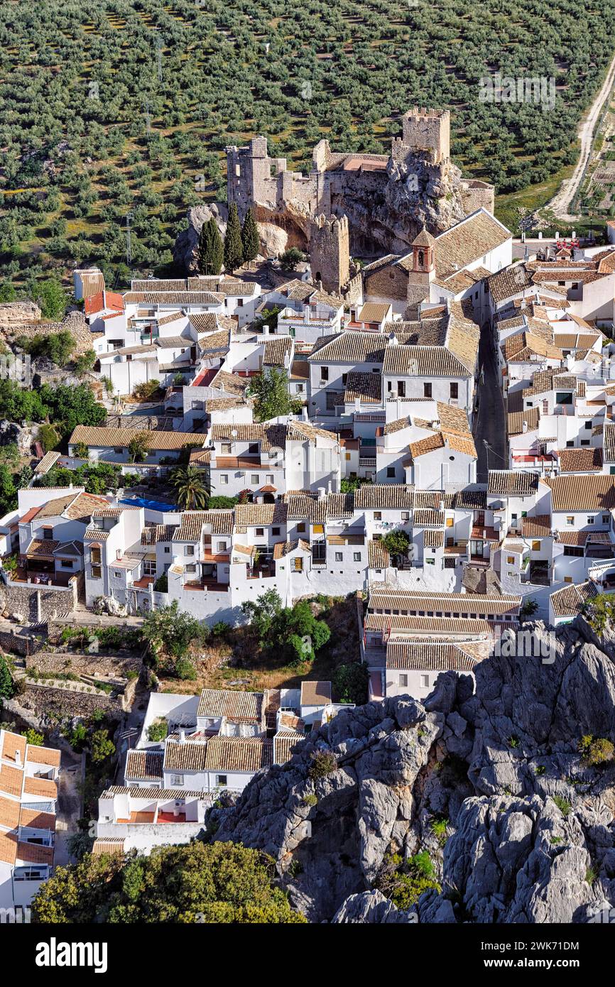 Whitewashed houses, view from above of Moorish-style castle, Route of ...