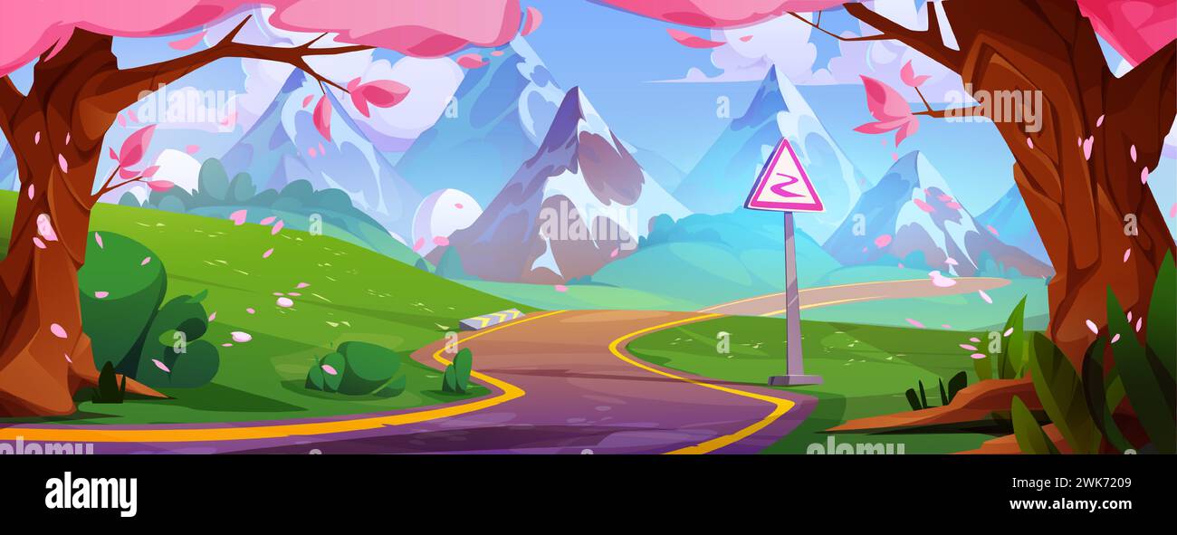 Serpentine asphalt road with warning sign on roadside leading to high ...