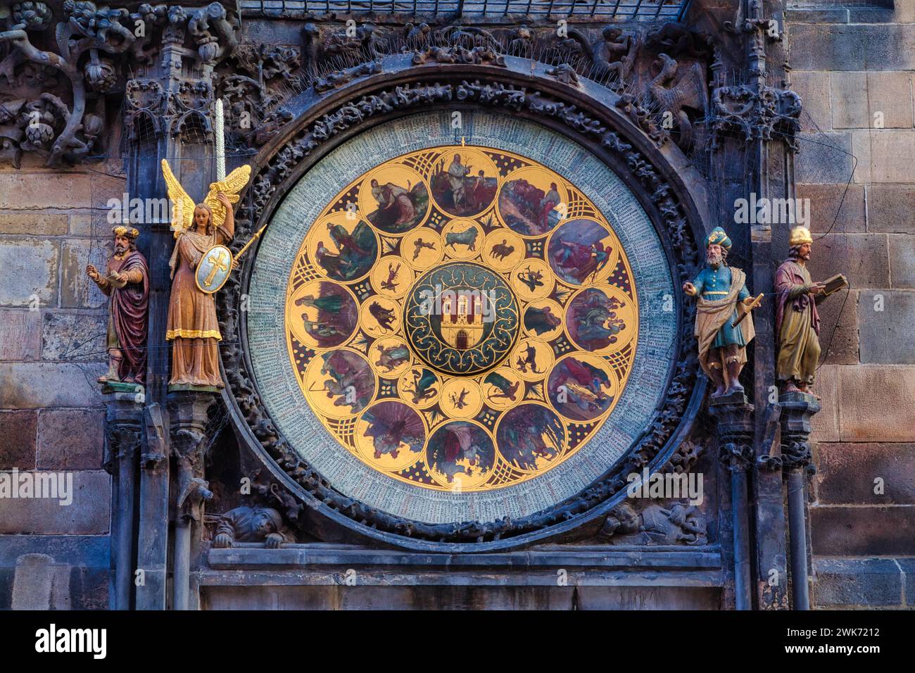 Detail, Famous medieval astronomical clock attached to the tower of the ...