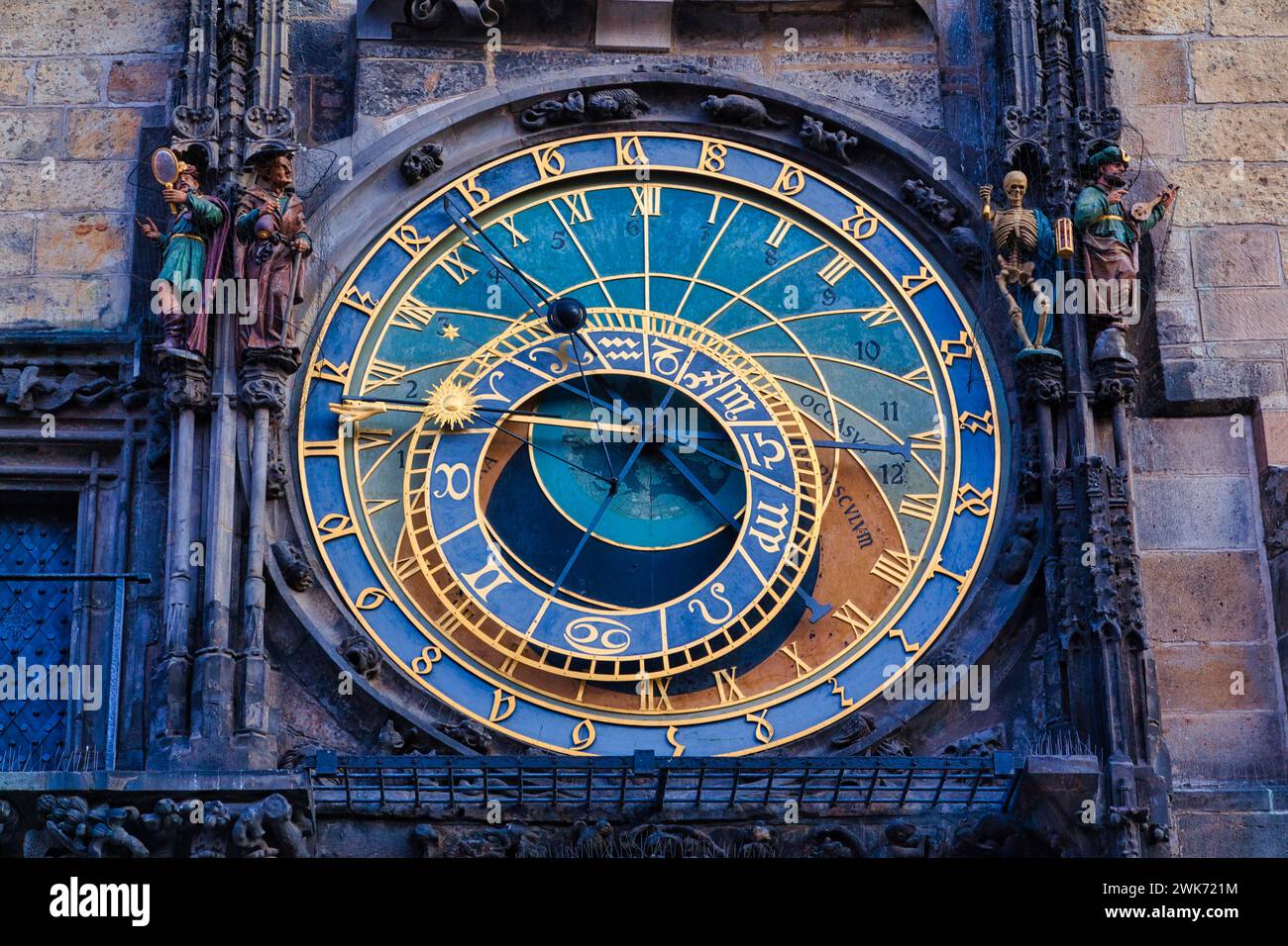 Detail, Famous medieval astronomical clock attached to the tower of the ...