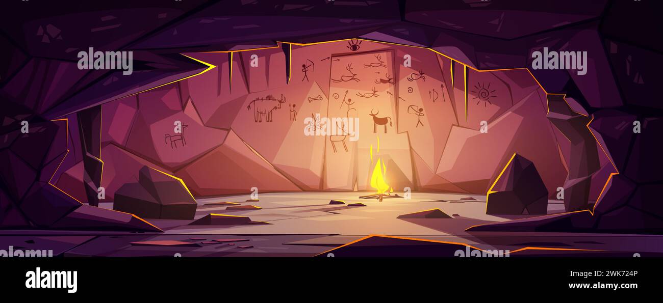 Prehistoric cave with bonfire and drawings on wall. Vector cartoon ...