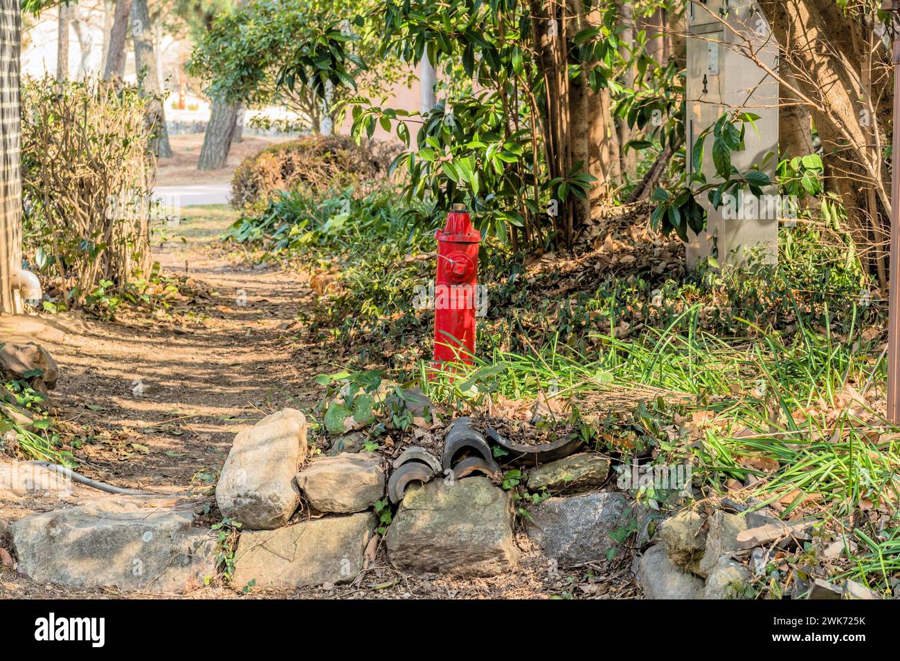 Red fire hydrant beside dirt path in nature park in South Korea Stock ...