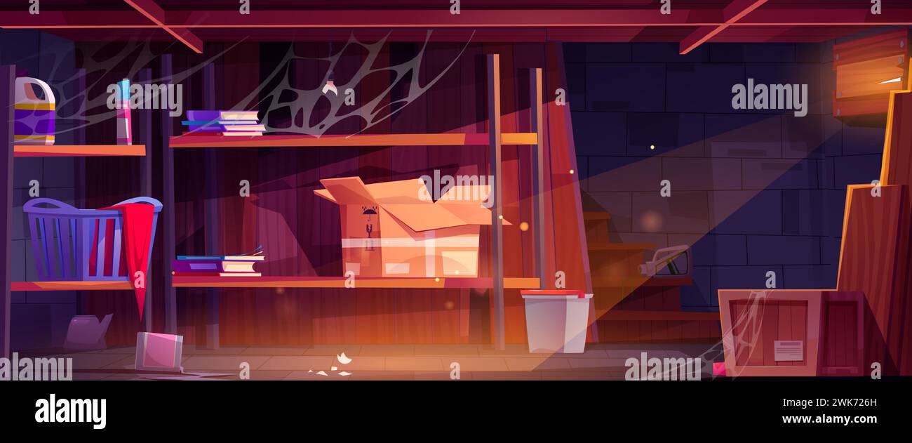 Abandoned basement room interior. Vector cartoon illustration of old cellar or garage with dust ...