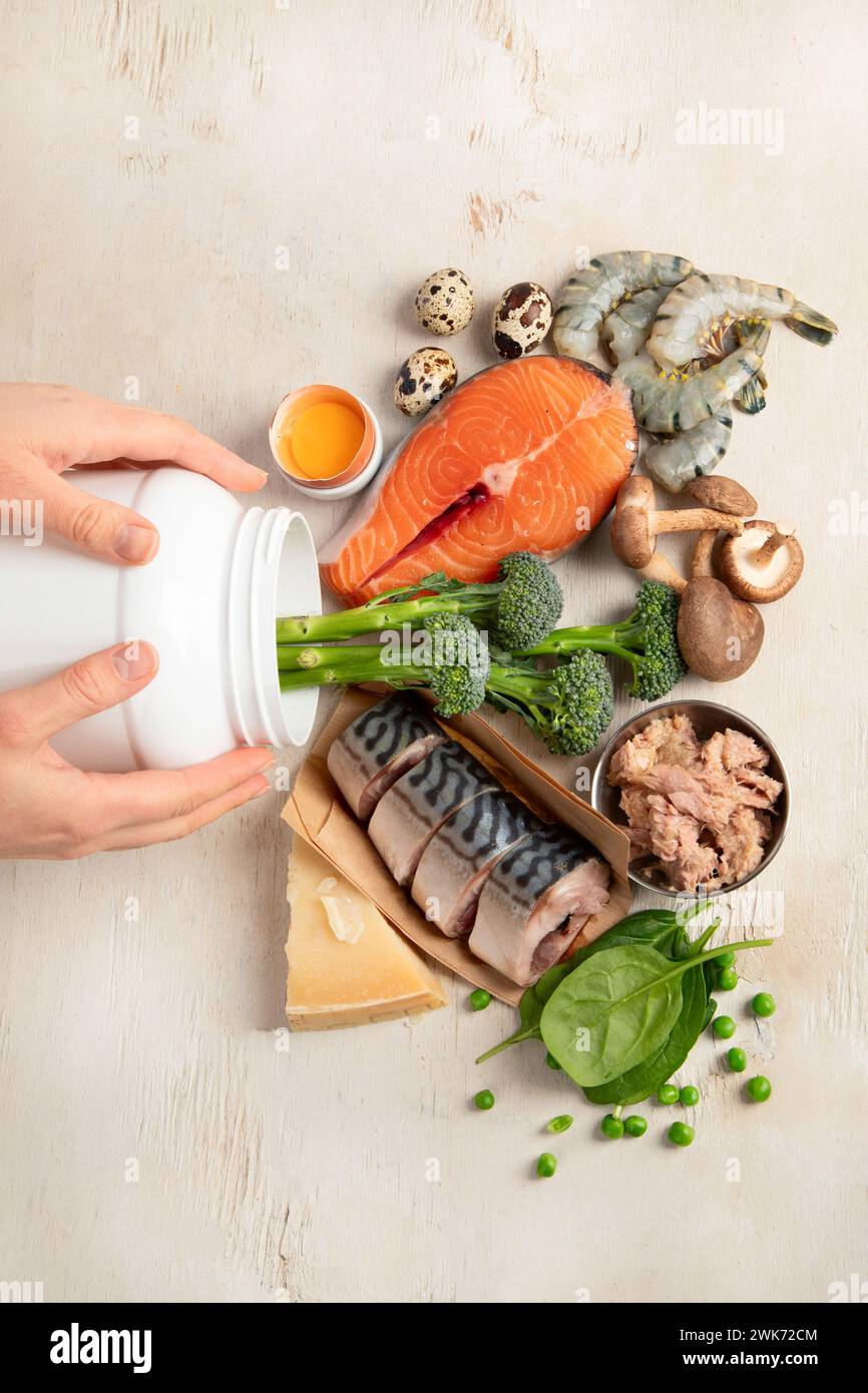 Natural sources of vitamin D (Fish, cheese, eggs, mushrooms, shrimps ...