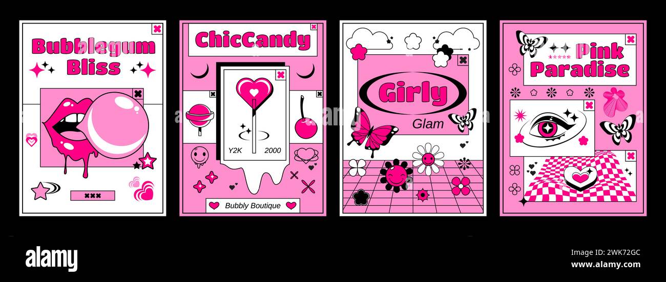Pink girly poster design template in y2k style with groovy cute ...