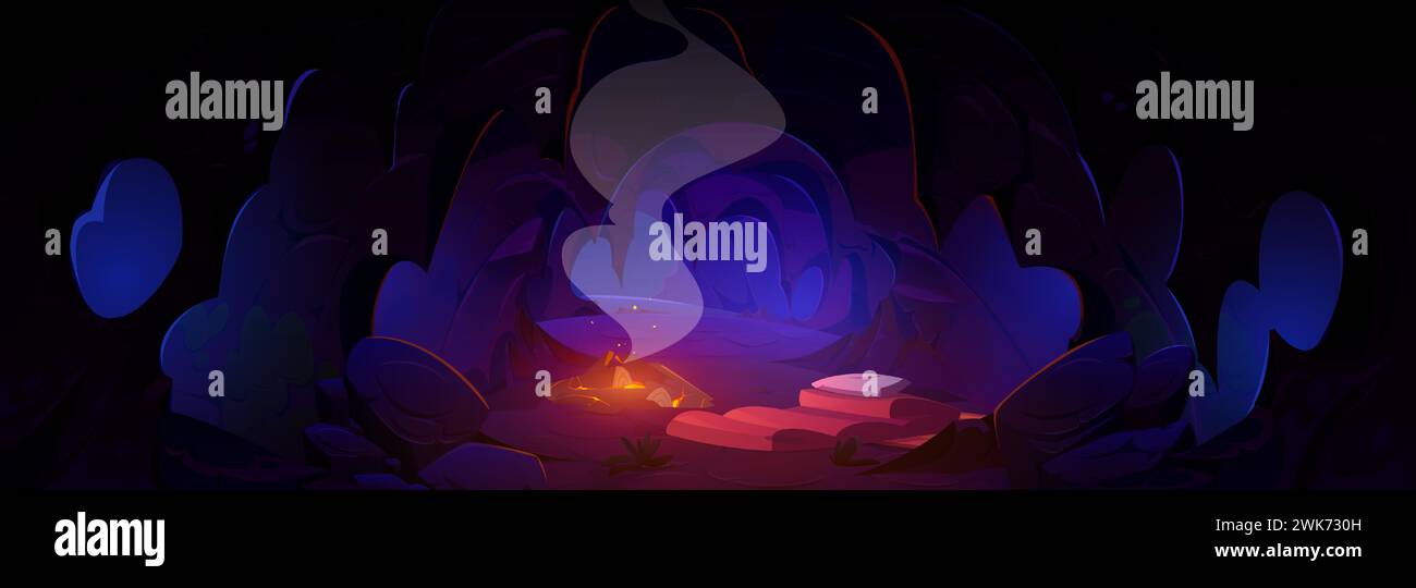 Dark cave with sleeping bag near bonfire. Vector cartoon illustration ...