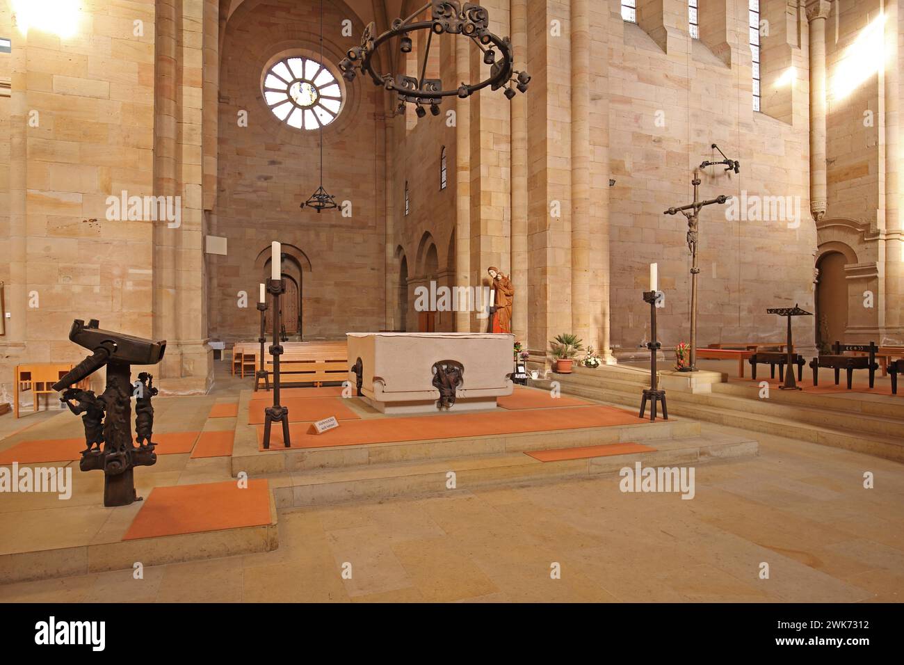 Interior view with chancel of the Romanesque abbey church, altar ...